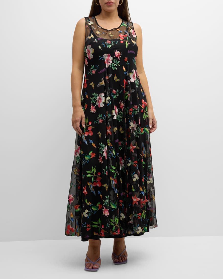 Johnny Was Plus Size Emilda Embroidered Mesh Maxi Dress | Neiman Marcus