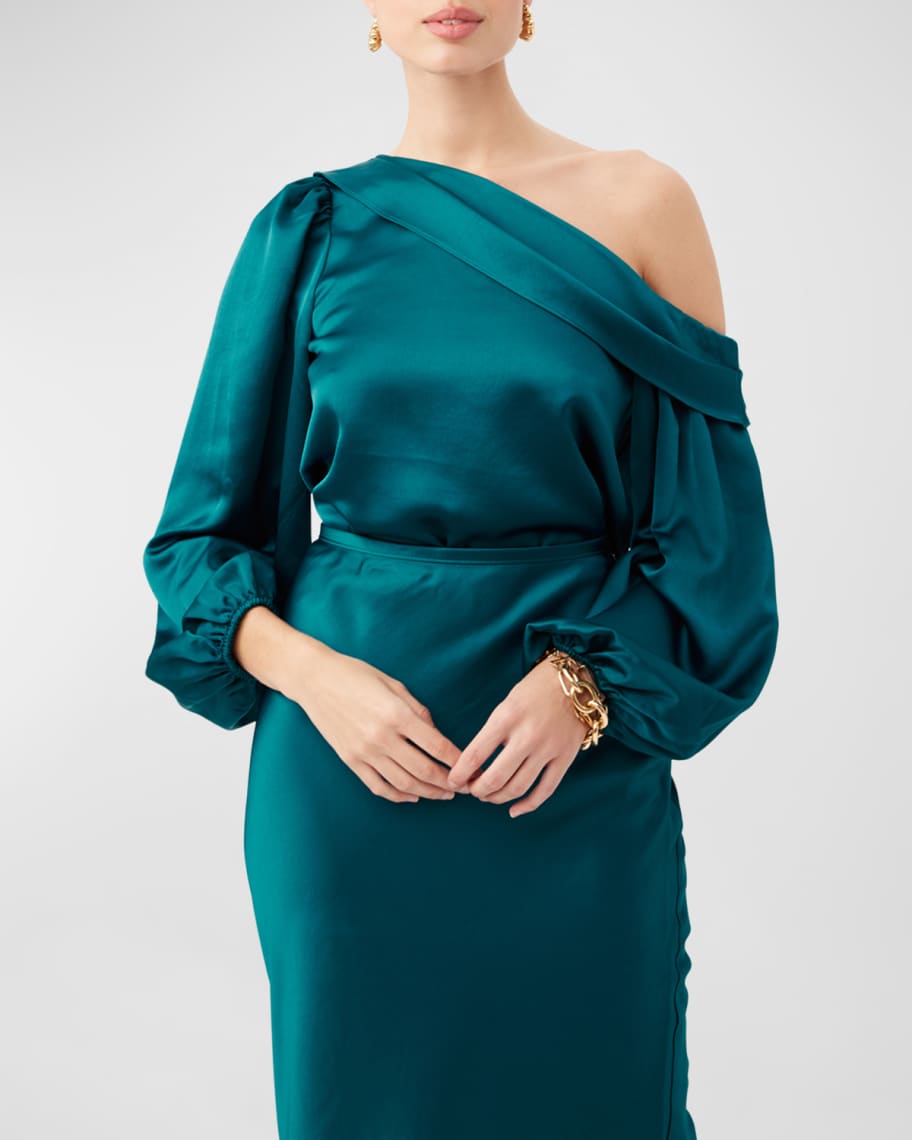 Trina Turk Astronomical One-Shoulder Satin Blouse | Neiman Marcus