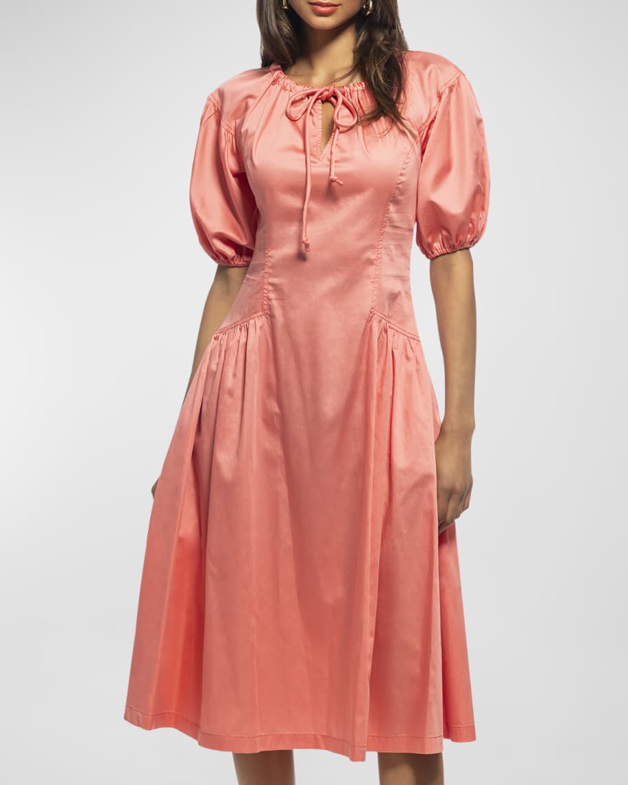 Shoshanna Poppy Puff-Sleeve Gathered Midi Dress | Neiman Marcus