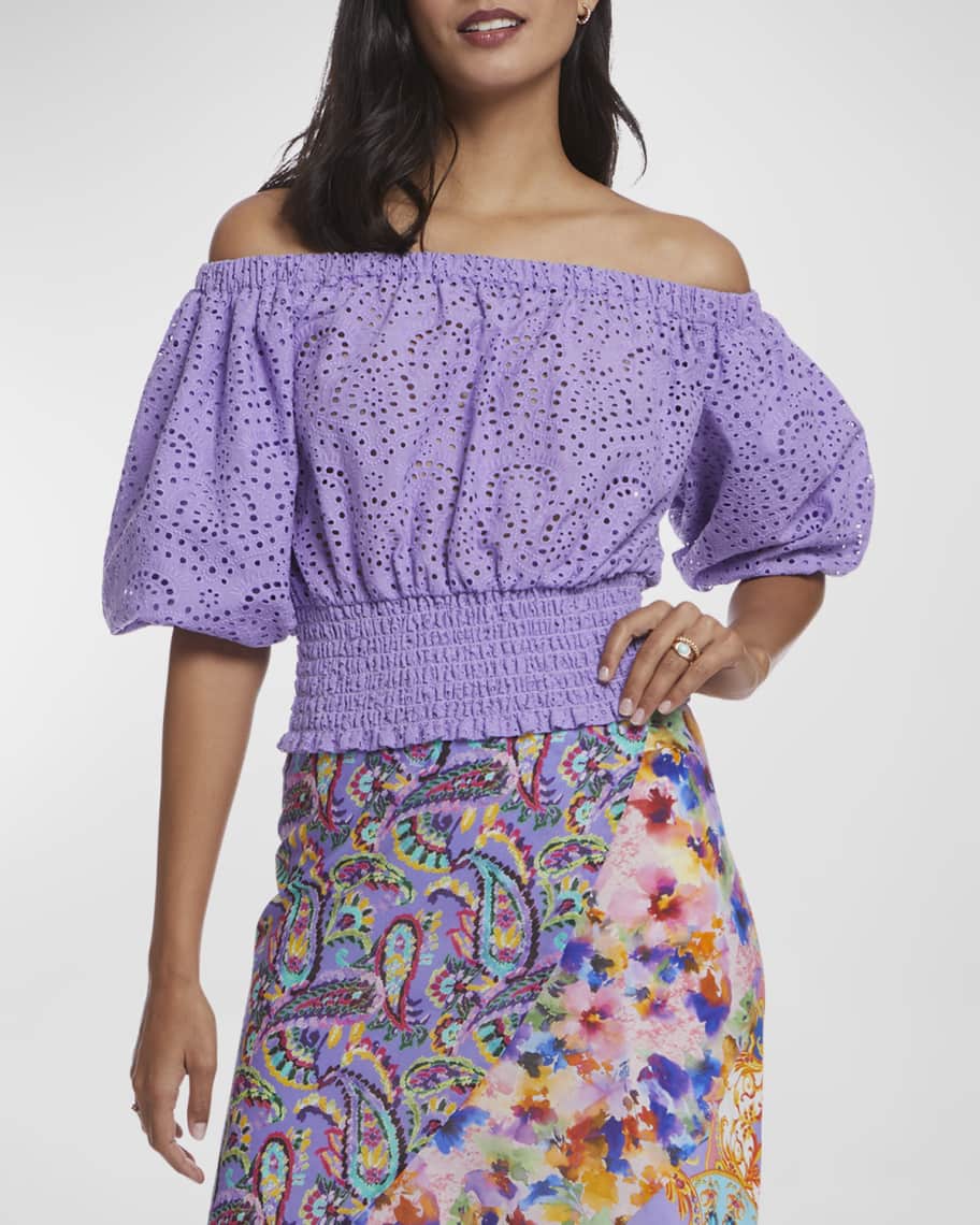 Robert Graham Esme Smocked Off-Shoulder Eyelet Blouse | Neiman Marcus