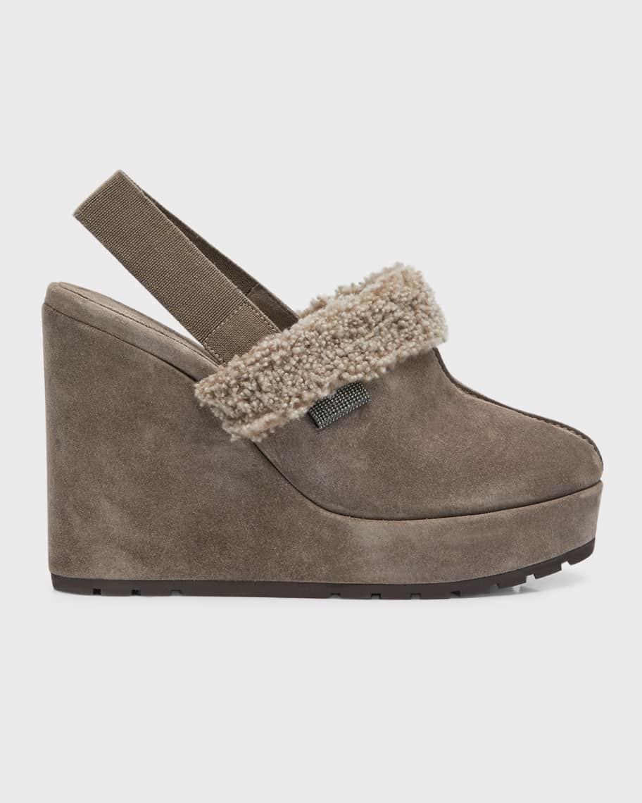 Brunello Cucinelli Suede Shearling Wedge Slingback Clogs | Neiman Marcus