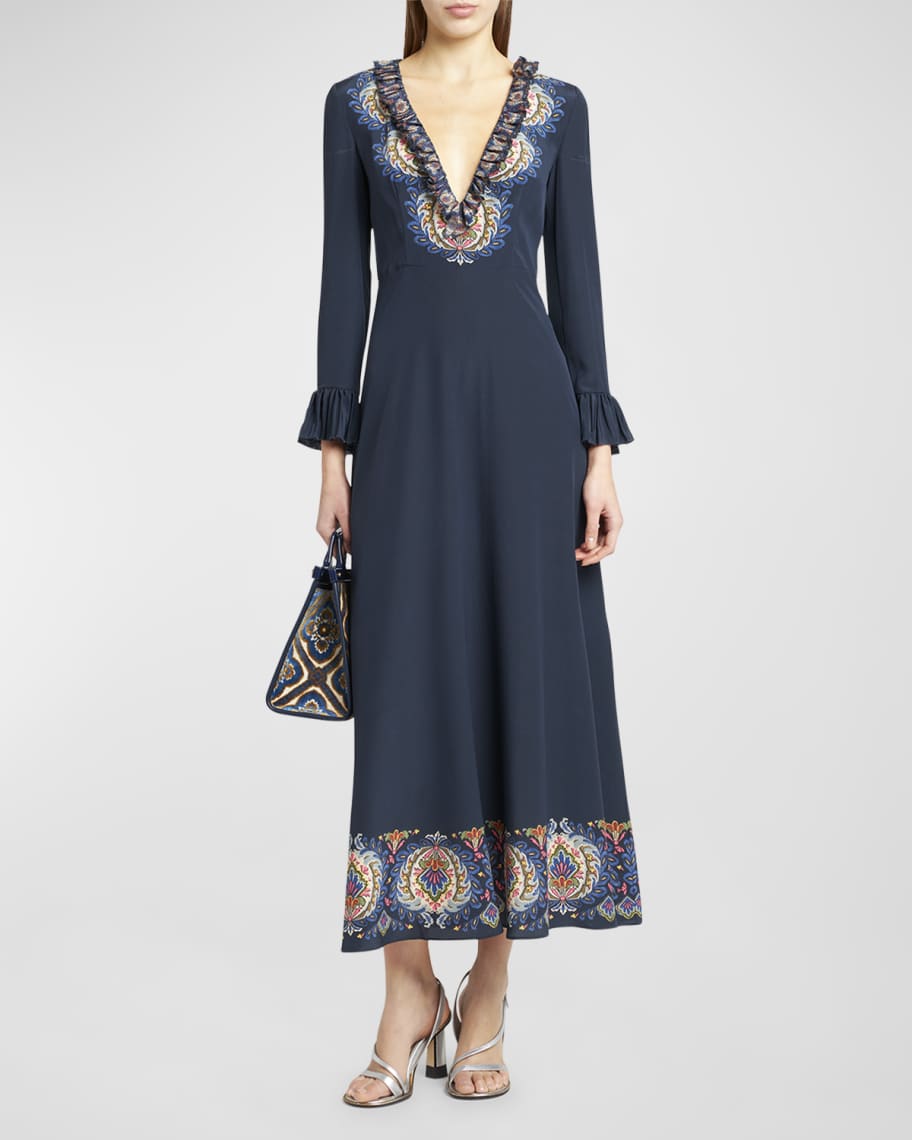 Etro Plunging Engineer Border-Print Ruffle Cady Midi Dress | Neiman Marcus