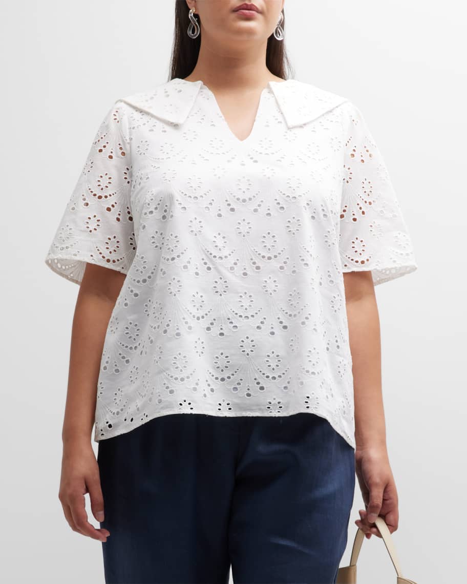 Whitney Morgan Plus Size V-Neck Eyelet Cotton Blouse | Neiman Marcus