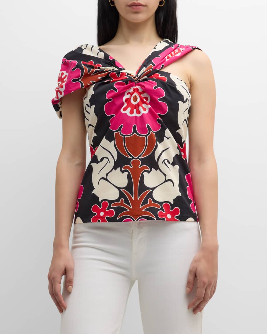 Natori Talitha Asymmetric Floral-Print Poplin Top | Neiman Marcus