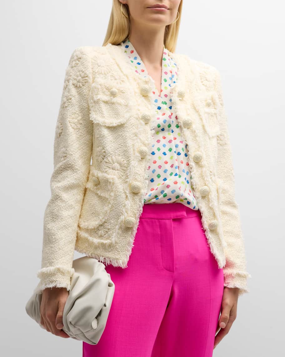 Maison Common 4-Pocket Floral Embroidered Fringe-Edge Tweed Jacket ...