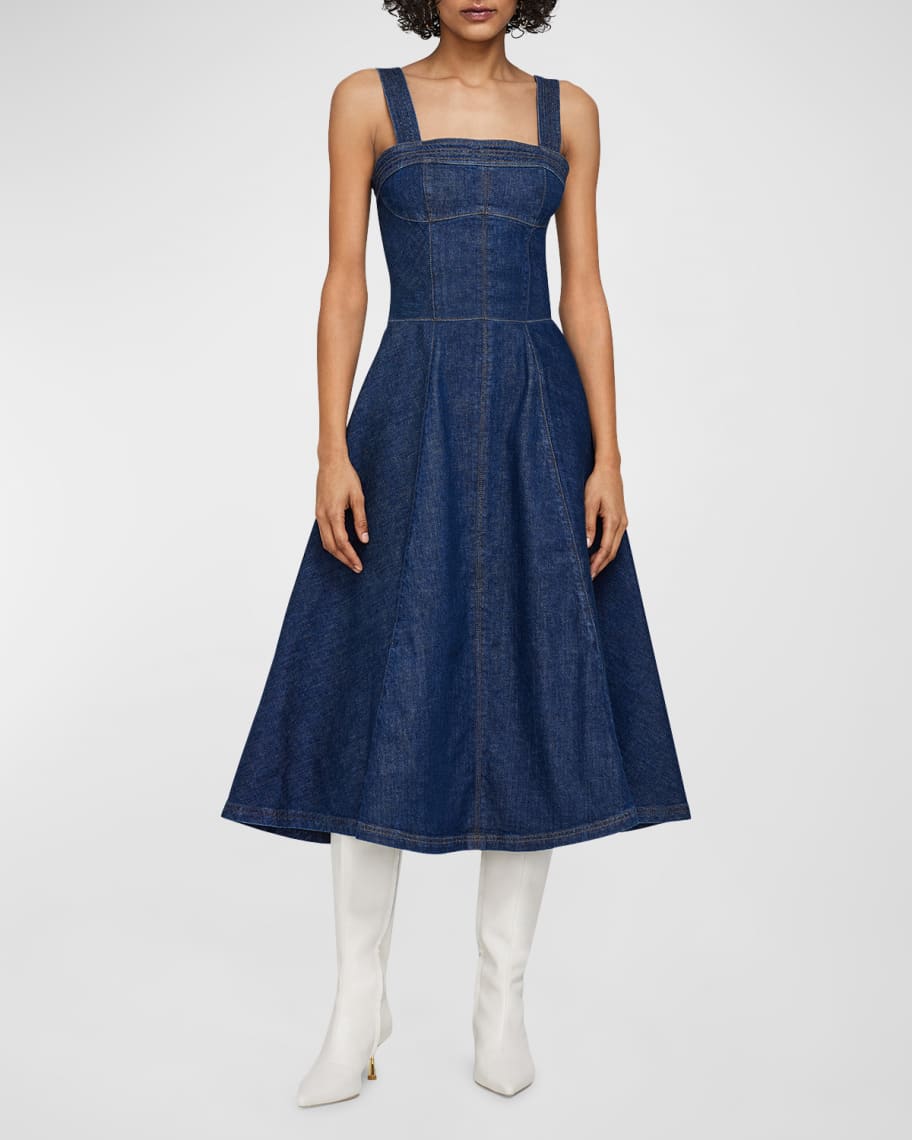 SIMKHAI Cici Bustier Fit-&-Flare Denim Midi Dress | Neiman Marcus