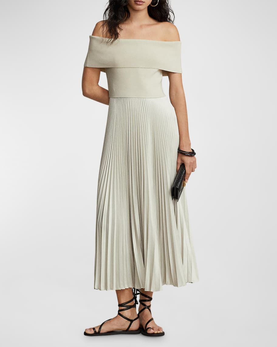 Polo Ralph Lauren Hybrid Off-The-Shoulder Pleated Dress | Neiman Marcus
