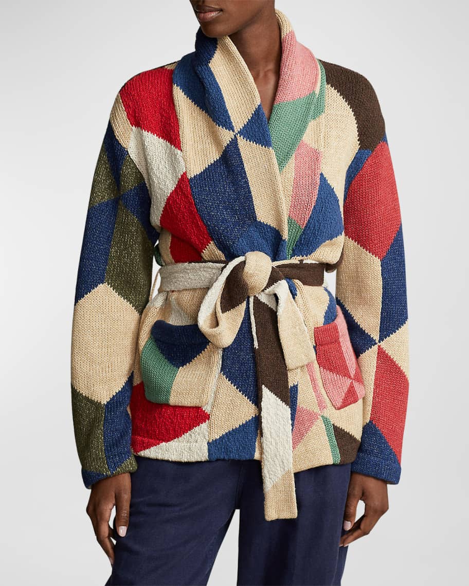 Polo Ralph Lauren Patchwork-Motif Cotton-Linen Cardigan | Neiman Marcus