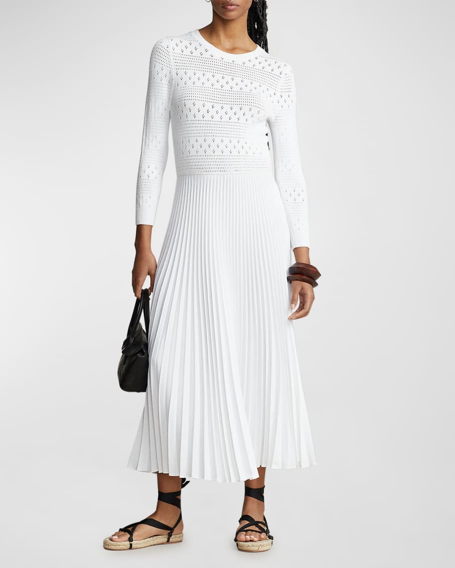 Polo Ralph Lauren Hybrid Pointelle-Bodice Pleated Dress | Neiman Marcus