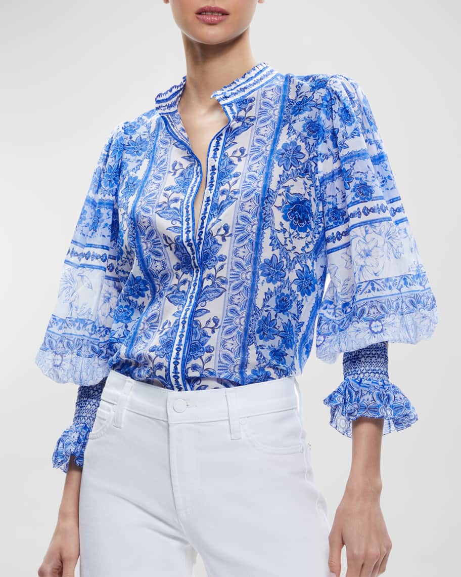 Alice + Olivia Ilan Smocked-Sleeve Button-Front Blouse | Neiman Marcus
