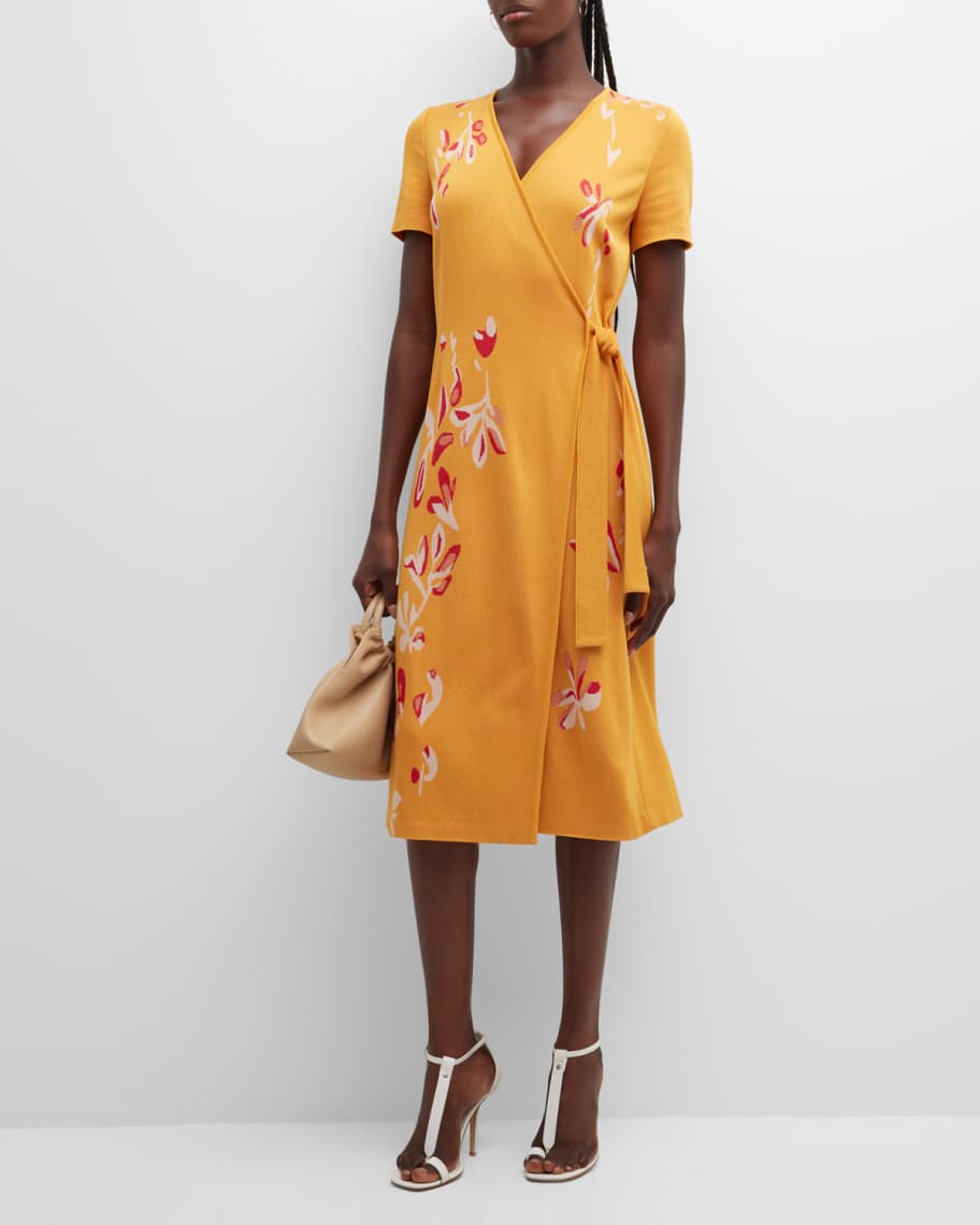 Misook Floral Intarsia Knit Midi Wrap Dress | Neiman Marcus