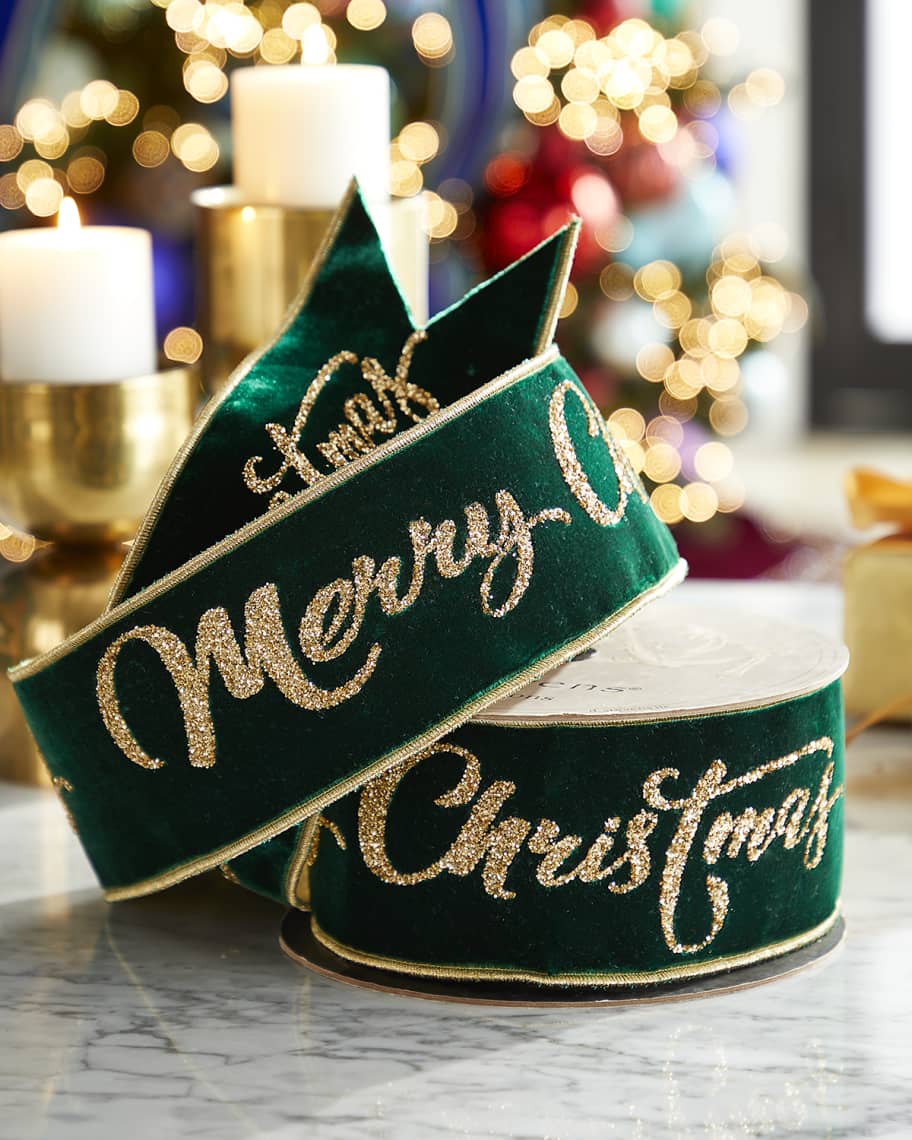 D. Stevens Emerald Merry Christmas Ribbon, 4"W x 10 Yards | Neiman Marcus