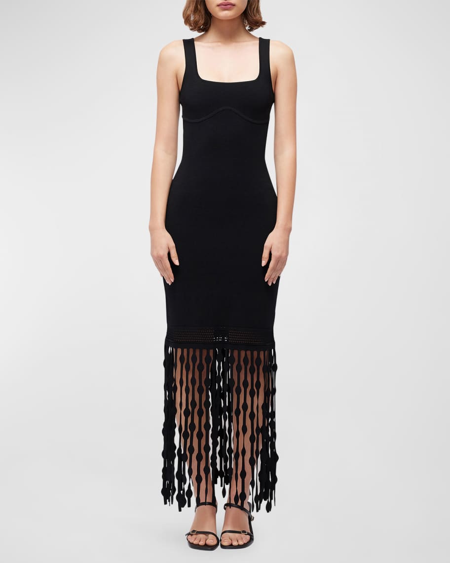 SIMKHAI Signa Sleeveless Lattice Fringe Midi Dress | Neiman Marcus