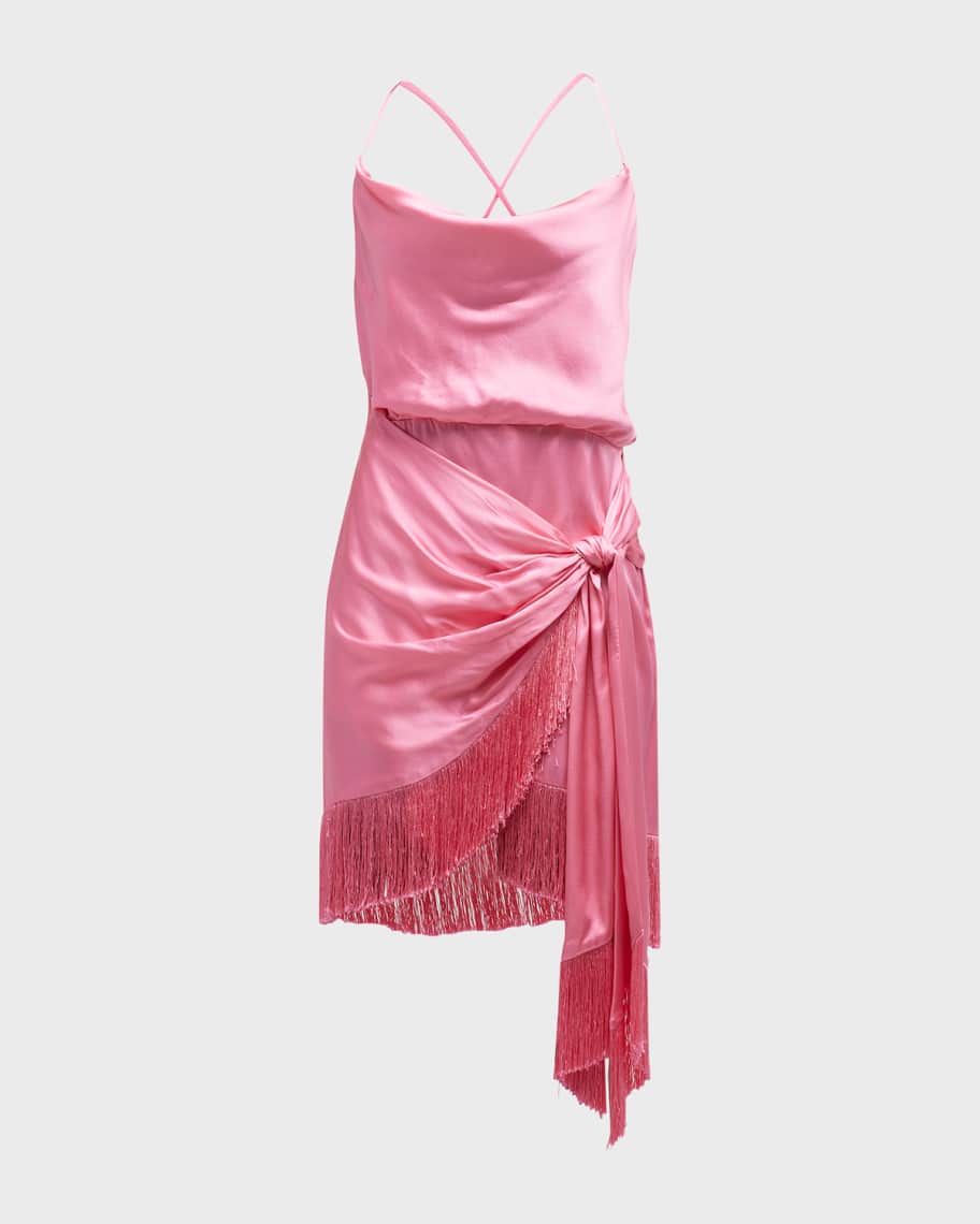 Cinq a Sept Octavia Draped Silk Fringe Side-Tie Mini Dress | Neiman Marcus