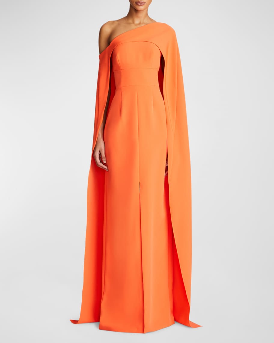 Halston Elycia One-Shoulder Crepe Cape Gown | Neiman Marcus
