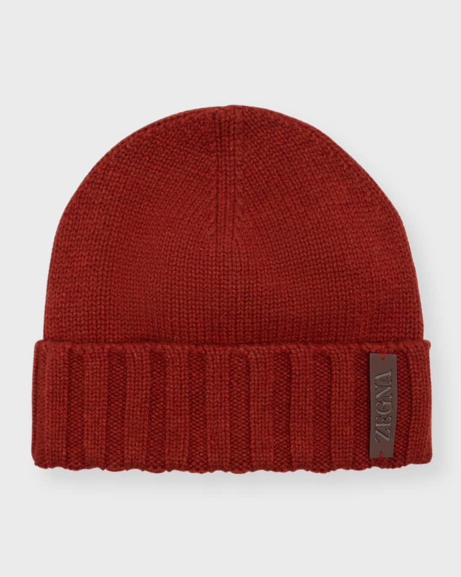 ZEGNA Men's Leather Logo Cashmere Beanie Hat | Neiman Marcus