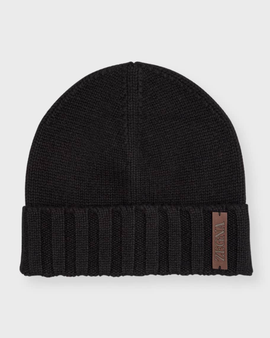 ZEGNA Men's Leather-Logo Cashmere Beanie Hat | Neiman Marcus