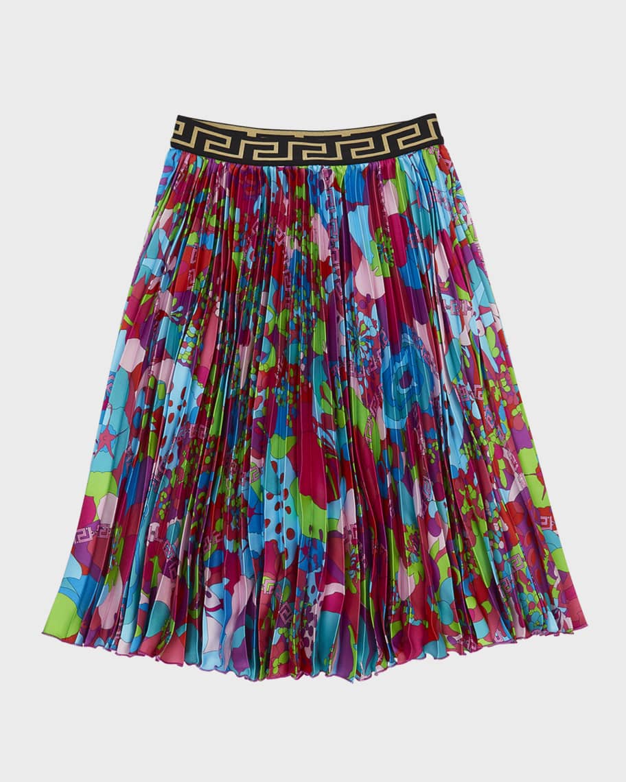 Versace Girl's Floral-Print Twill Pleated Skirt, Size 8-14 | Neiman Marcus