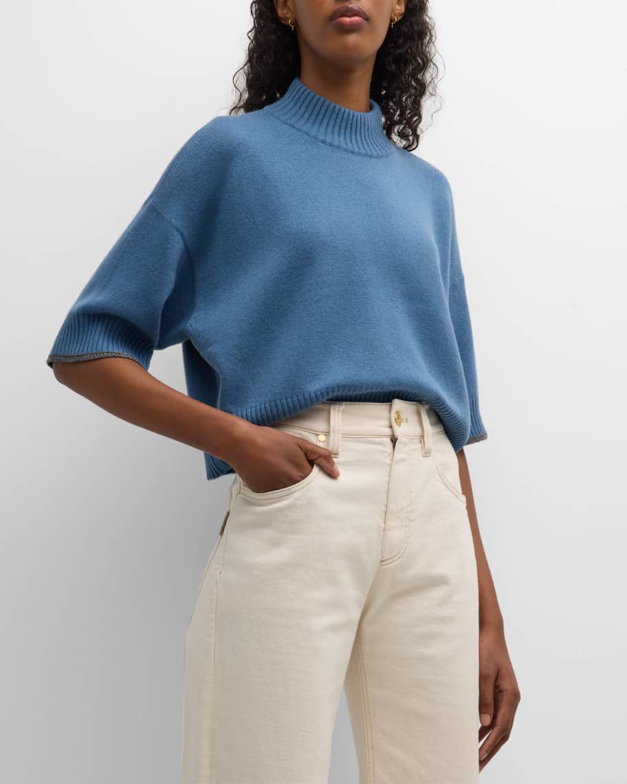 Brunello Cucinelli Mock-Neck Elbow-Sleeve Monili-Cuff Cashmere Crop ...