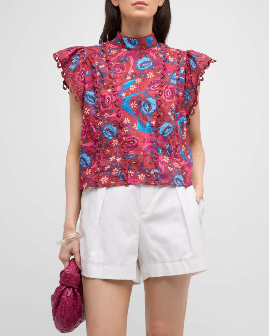Farm Rio Floral Birds Embellished Ruffle-Sleeve Blouse | Neiman Marcus