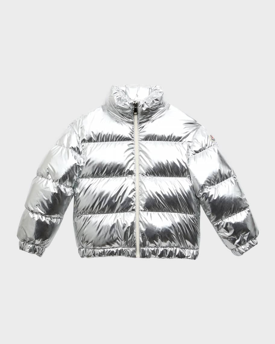 Moncler Girl's Meuse Silver Metallic Down Jacket, Size 8-14 | Neiman Marcus