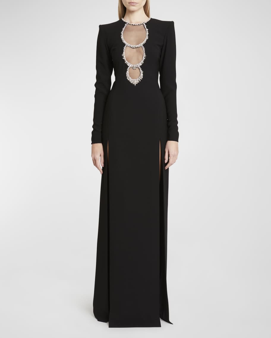Zuhair Murad Crystal Cutout Strong-Shoulder Side-Slits Cady Gown ...