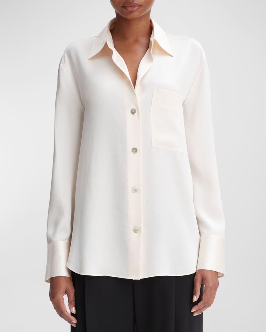 Vince Long-Sleeve Silk Chest Pocket Blouse | Neiman Marcus