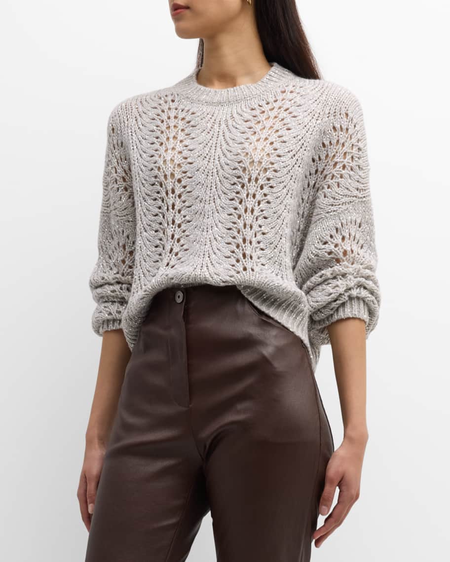 Brunello Cucinelli Cashmere Lace Knit Cropped Sweater with Micro ...