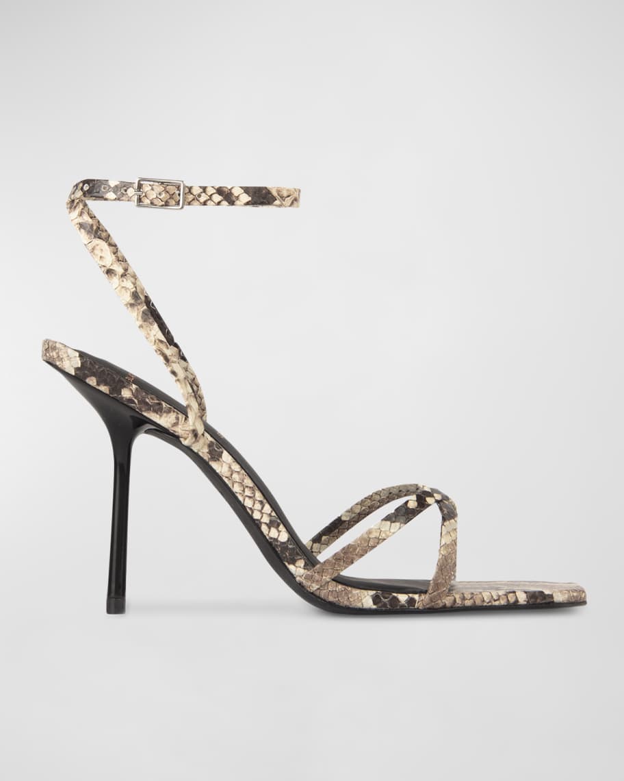 Black Suede Studio Snake-Embossed Strappy Stiletto Sandals | Neiman Marcus