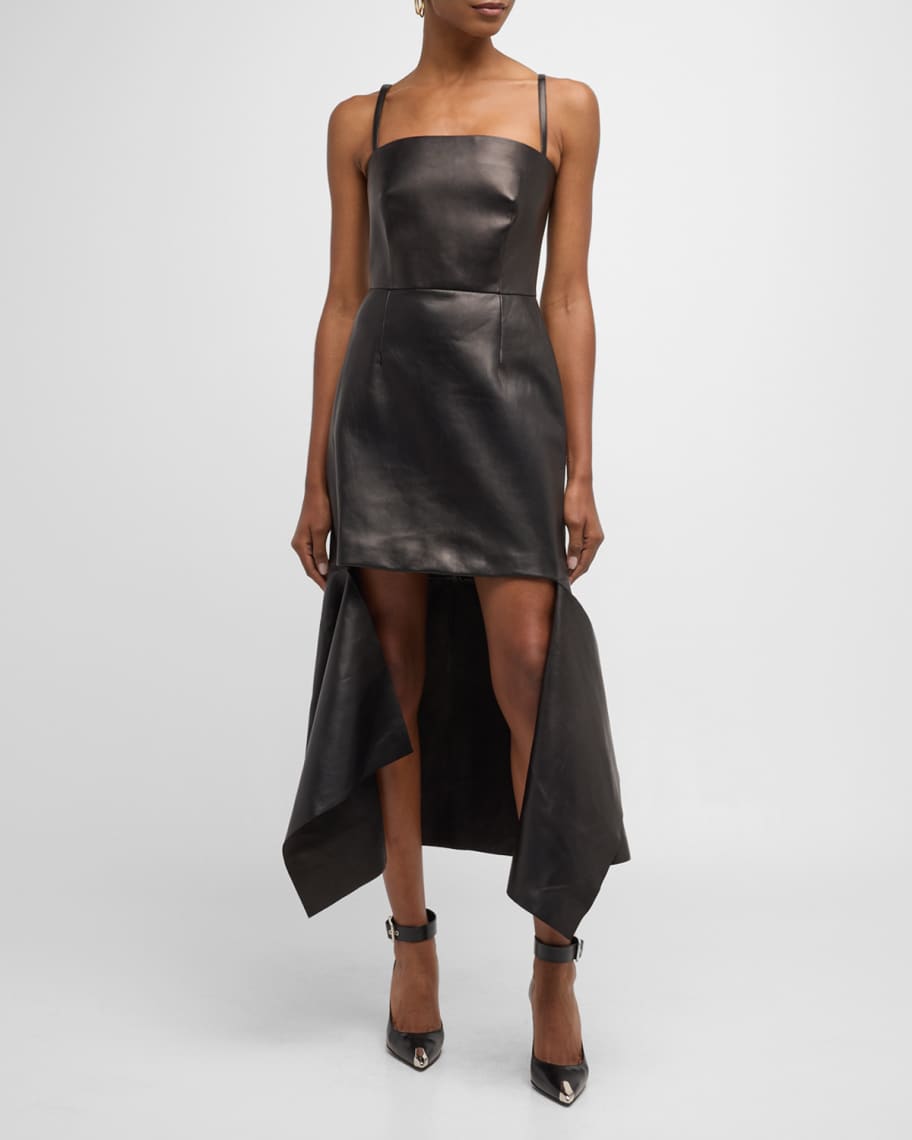 McQueen Square-Neck Slashed Leather High-Low Dress | Neiman Marcus