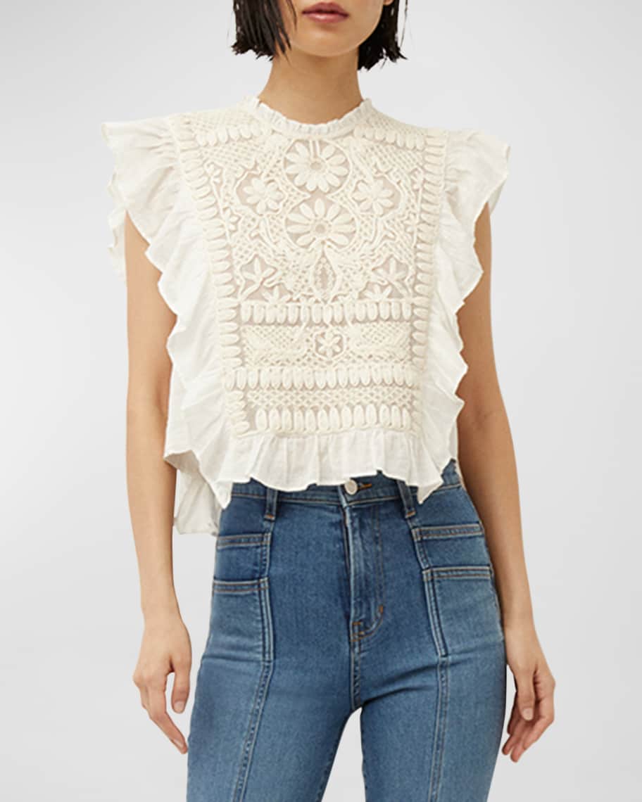 Veronica Beard Capriana Cotton Lace Ruffled Top | Neiman Marcus
