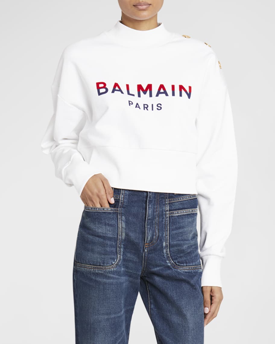 Balmain 3-Button Flocked Logo-Print Crop Sweatshirt | Neiman Marcus