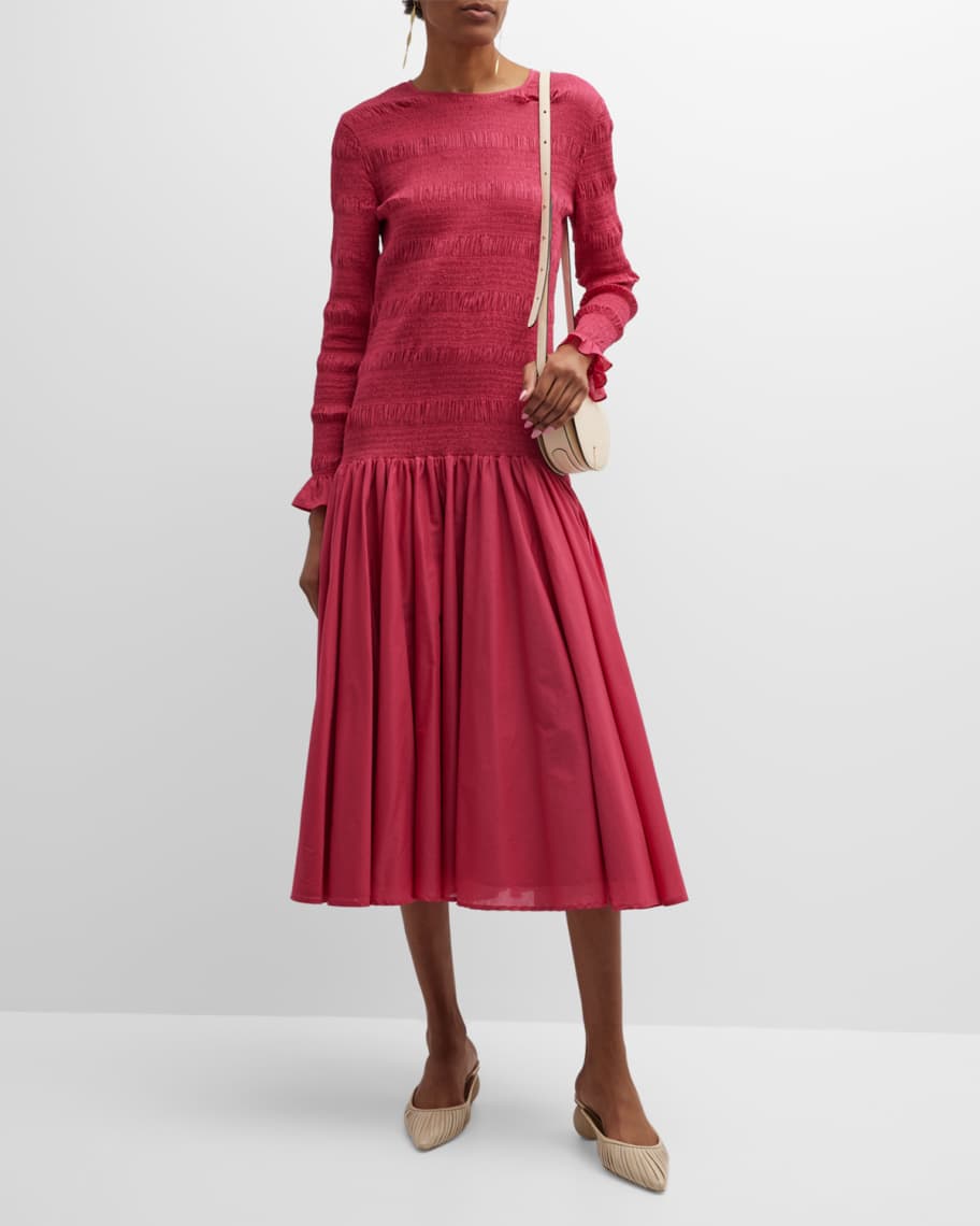Merlette Syden Smocked Long-Sleeve A-Line Midi Dress | Neiman Marcus