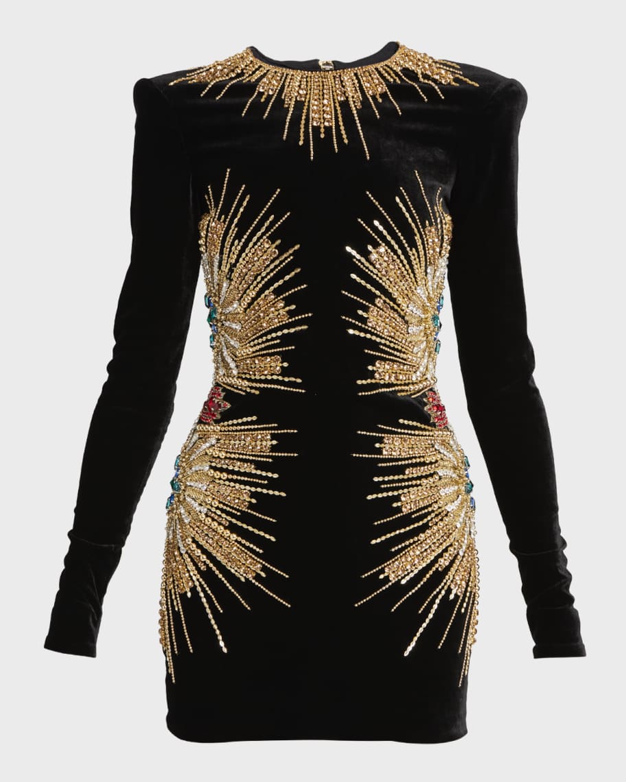 Balmain Embroidered Velvet Long-Sleeve Mini Dress | Neiman Marcus