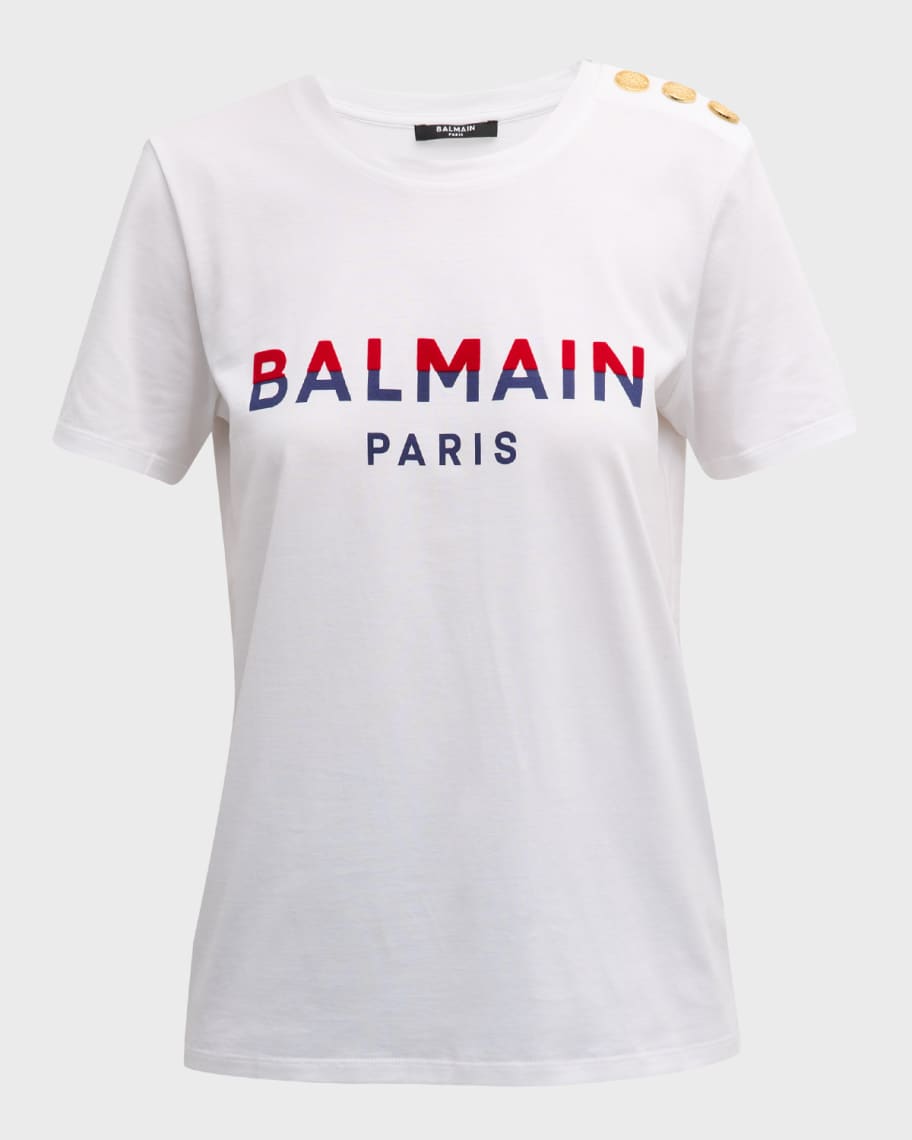 Balmain 3-Button Flocked Logo Print T-Shirt | Neiman Marcus
