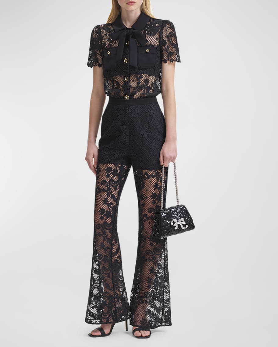 Self-Portrait High-Rise Flared Lace Trousers | Neiman Marcus