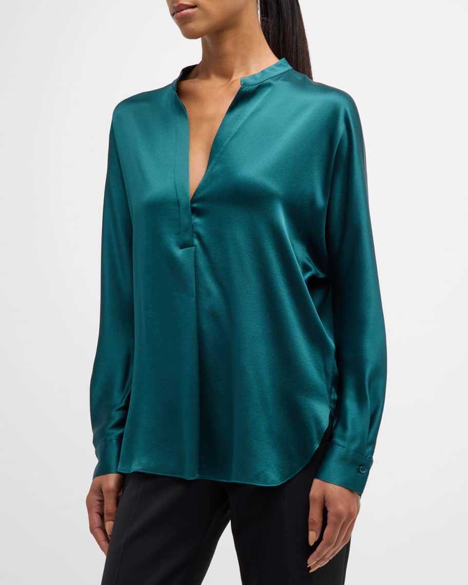 Vince Band-Collar Split-Neck Silk Blouse | Neiman Marcus