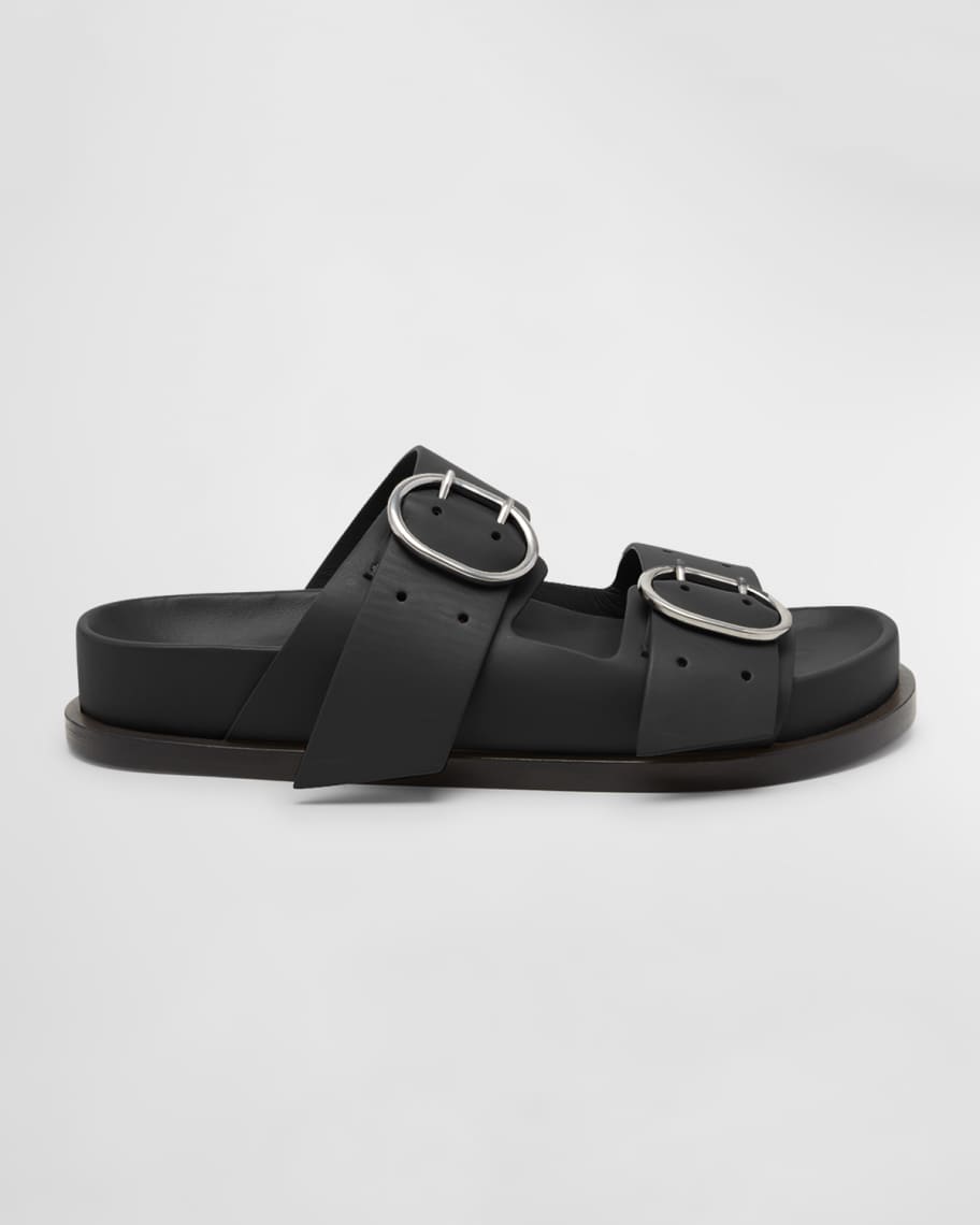 Jil Sander Double Buckle Leather Slide Sandals | Neiman Marcus