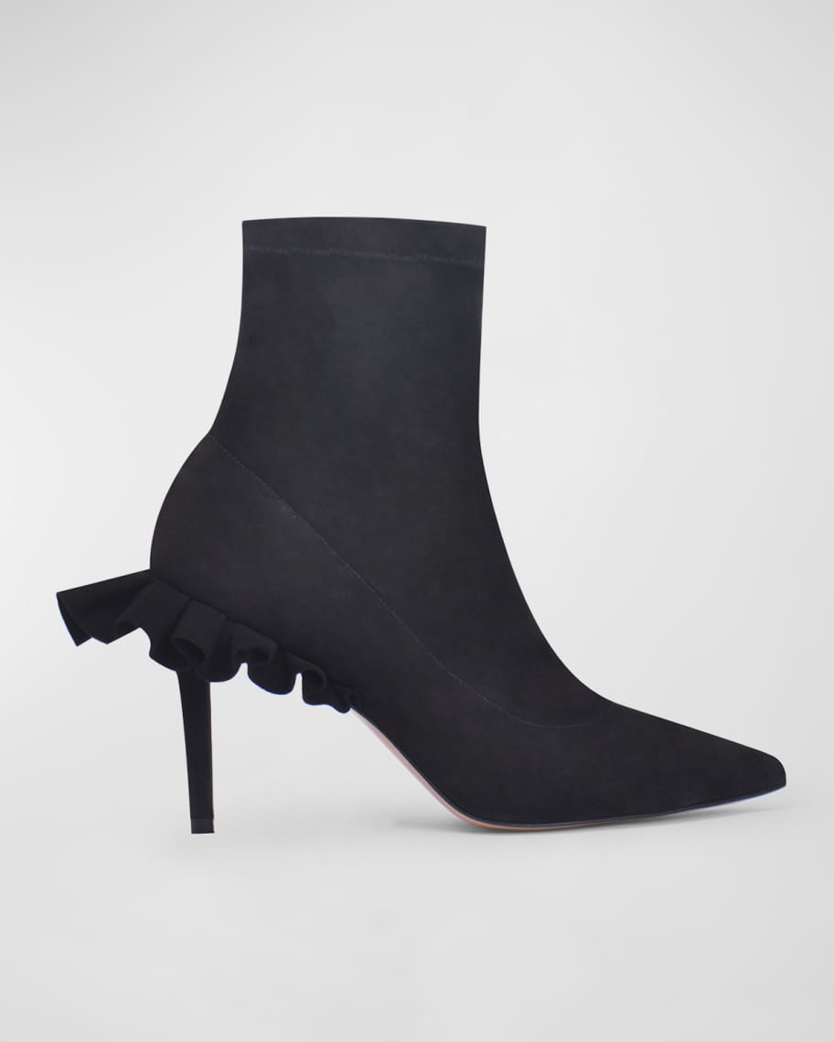 Andrea Wazen Stretch Suede Ruffle Stiletto Ankle Boots | Neiman Marcus