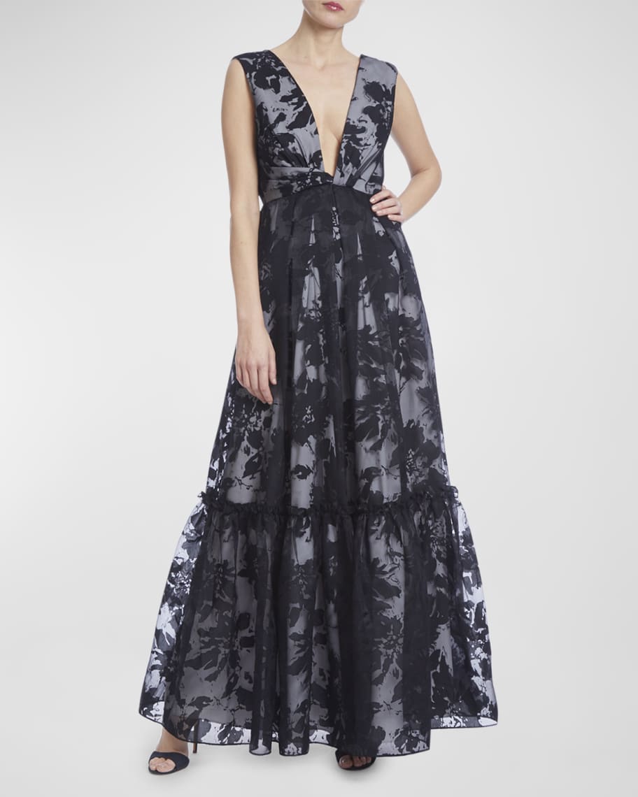 One33 Social Floral-Print Deep V-Neck Organza Gown | Neiman Marcus
