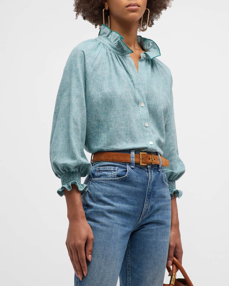 Finley Fiona Ruffle-Trim Chambray Blouse | Neiman Marcus