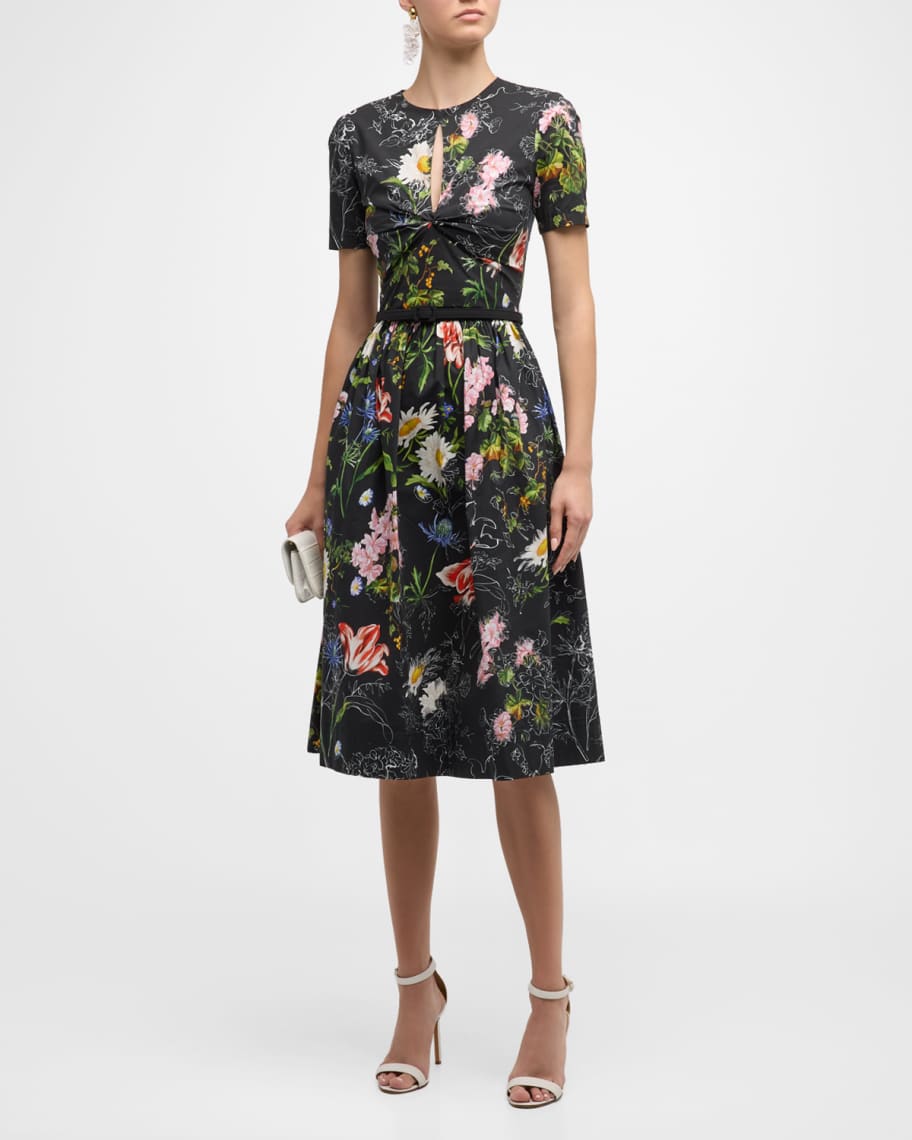 Oscar de la Renta Unfinished Floral-Print Short-Sleeve Twisted Poplin ...