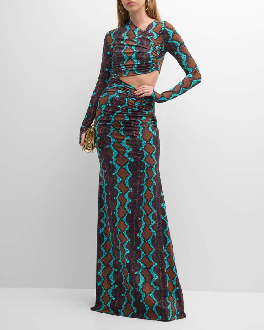 Roberto Cavalli Snakeskin-Print Cutout Long-Sleeve Maxi Dress | Neiman ...