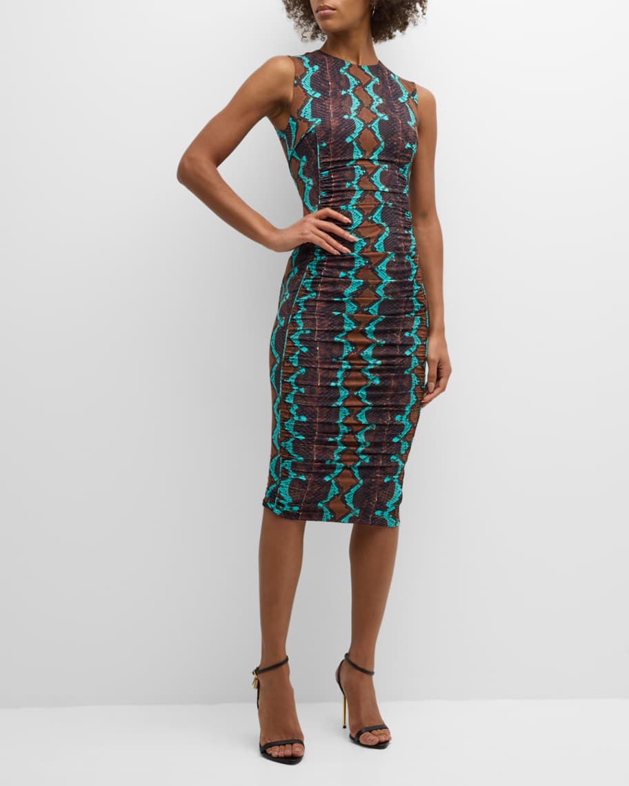 Roberto Cavalli Snakeskin-Print Ruched Sleeveless Midi Dress | Neiman ...