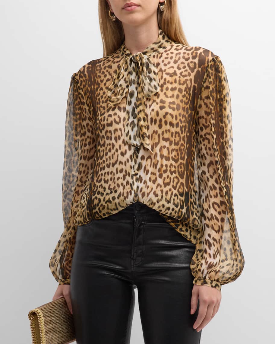 Roberto Cavalli Leopard-Print Neck-Tie Silk Shirt | Neiman Marcus