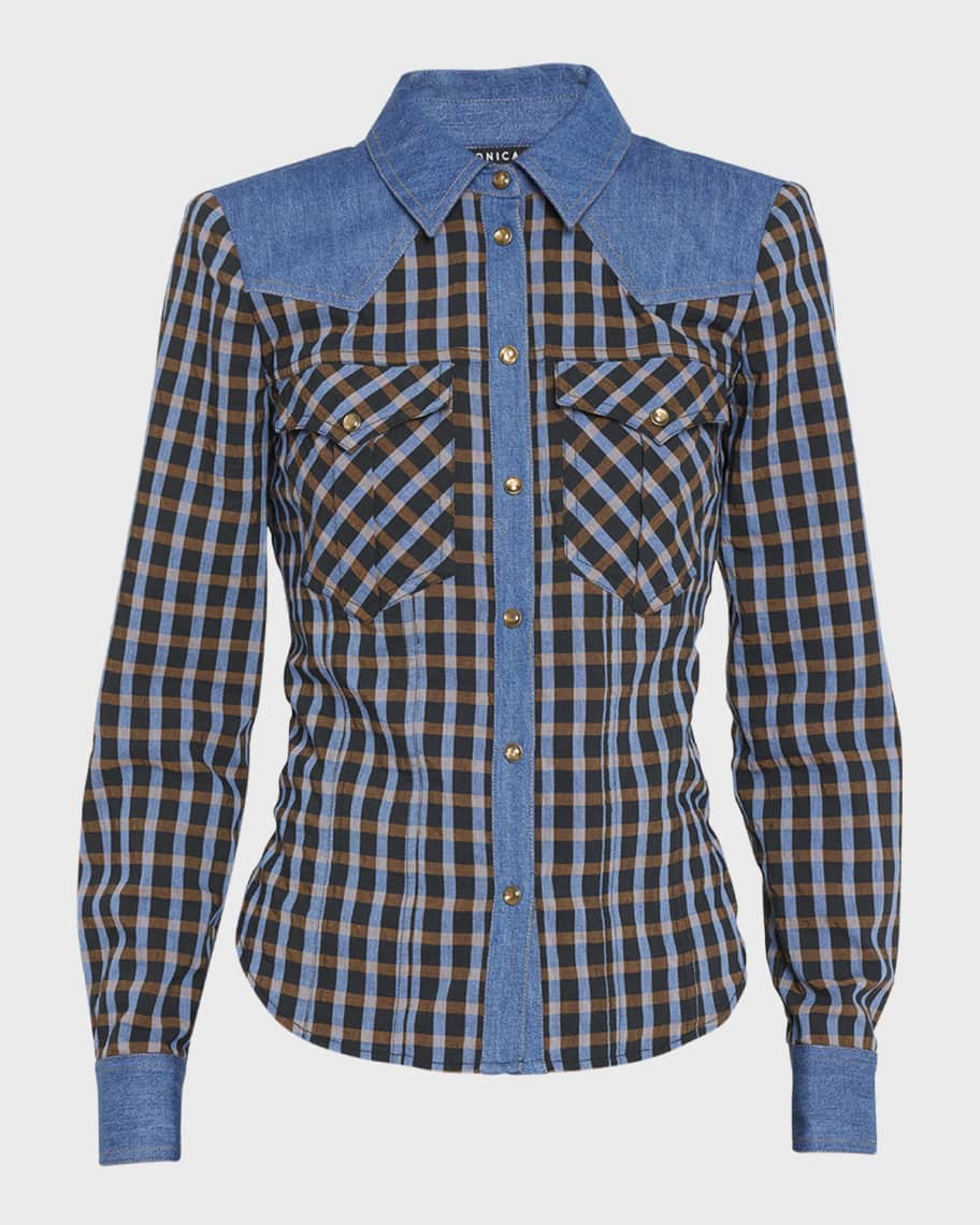 Veronica Beard Reid Western Plaid Snap-Front Shirt | Neiman Marcus