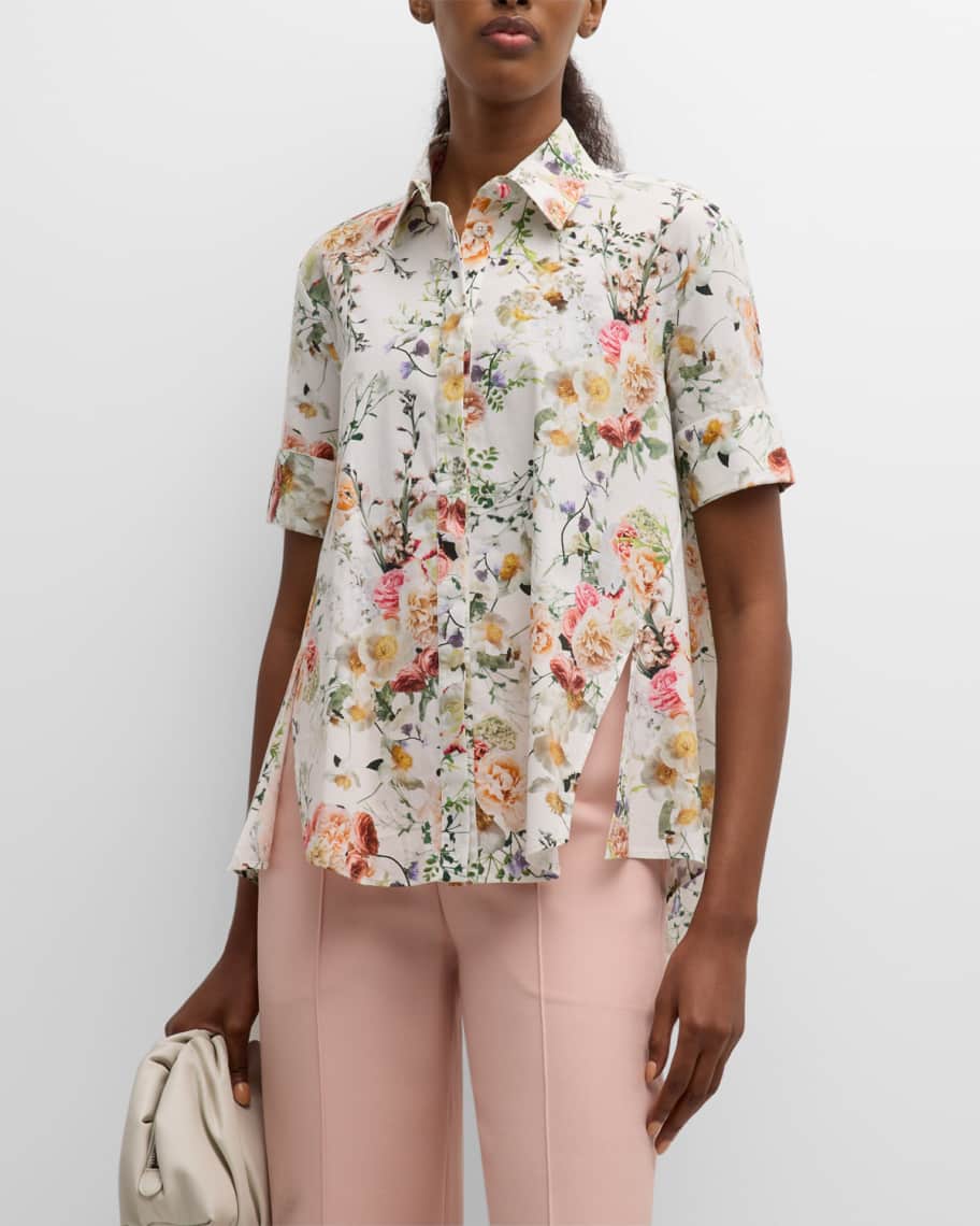 Adam Lippes Floral Print Poplin Trapeze Shirt | Neiman Marcus