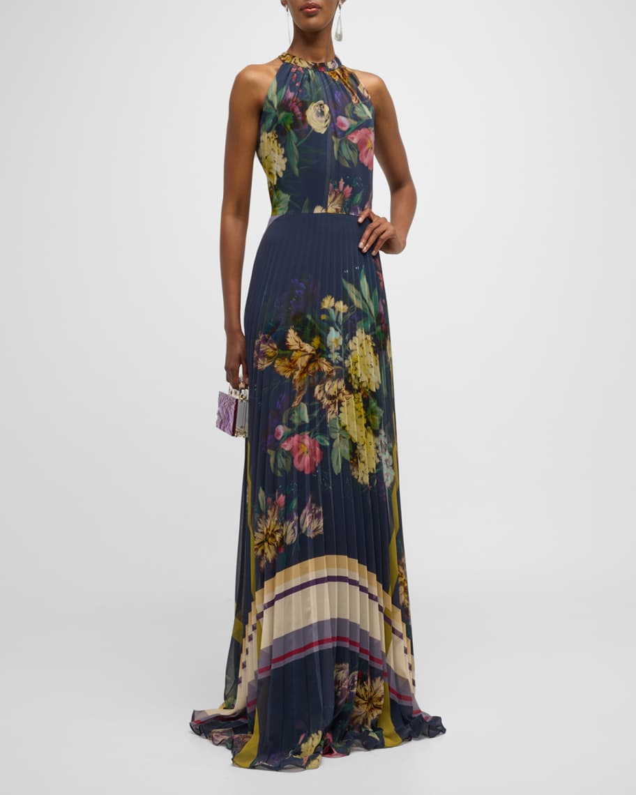 Rickie Freeman for Teri Jon Pleated Floral-Print Chiffon Gown | Neiman ...