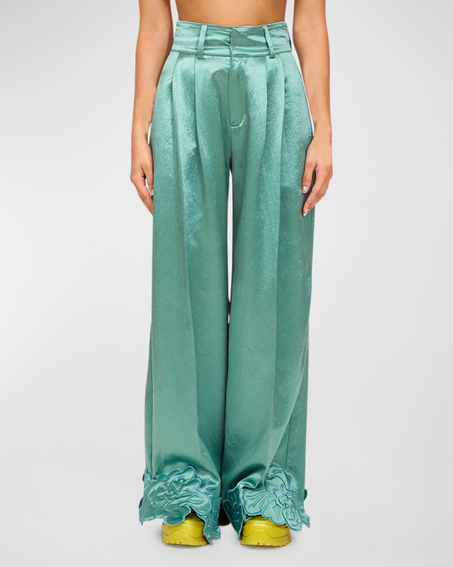 Collina Strada Ribbit Satin Floral Embroidered Wide-Leg Pants | Neiman ...