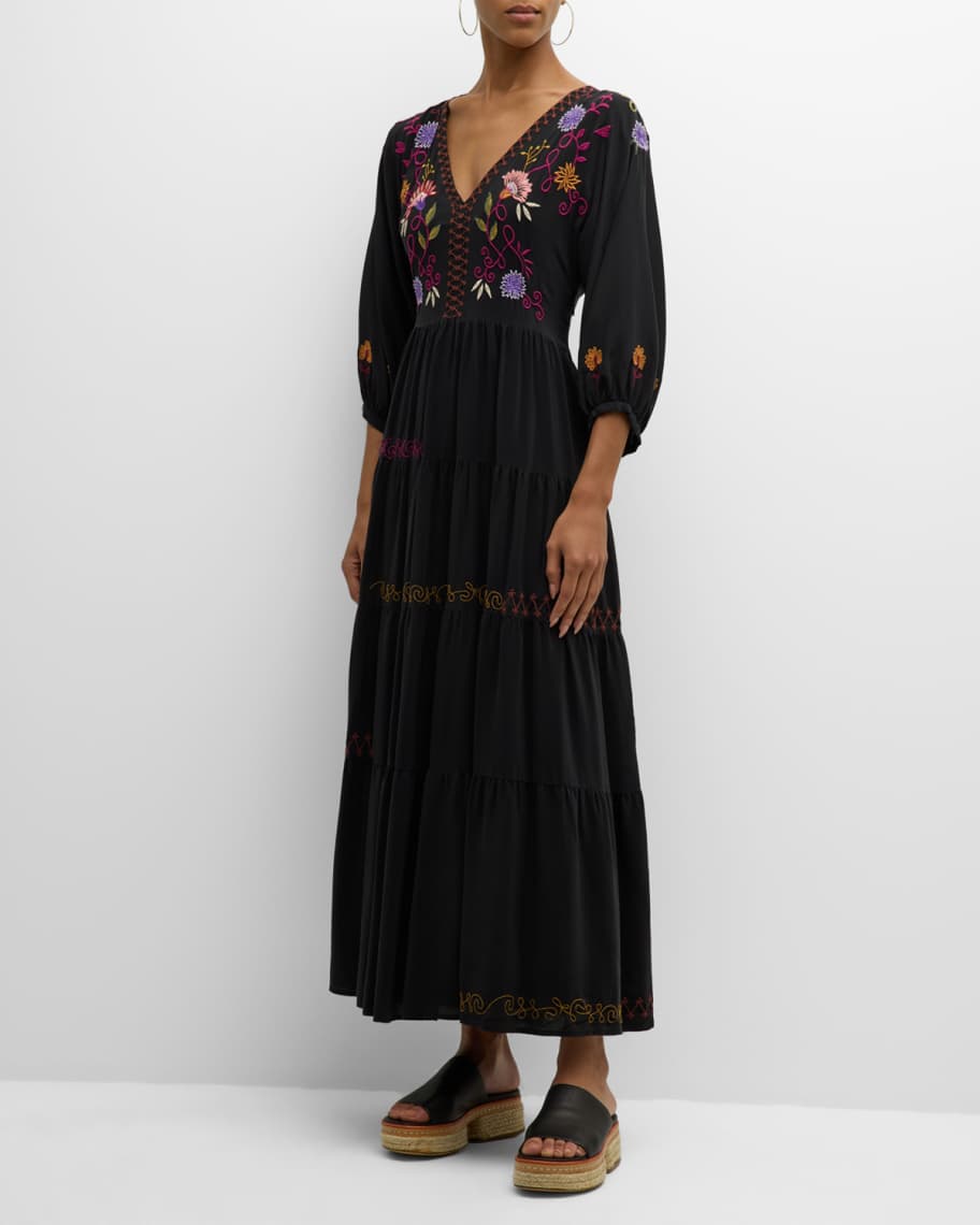 Johnny Was Toni Tiered Floral-Embroidered Maxi Dress | Neiman Marcus
